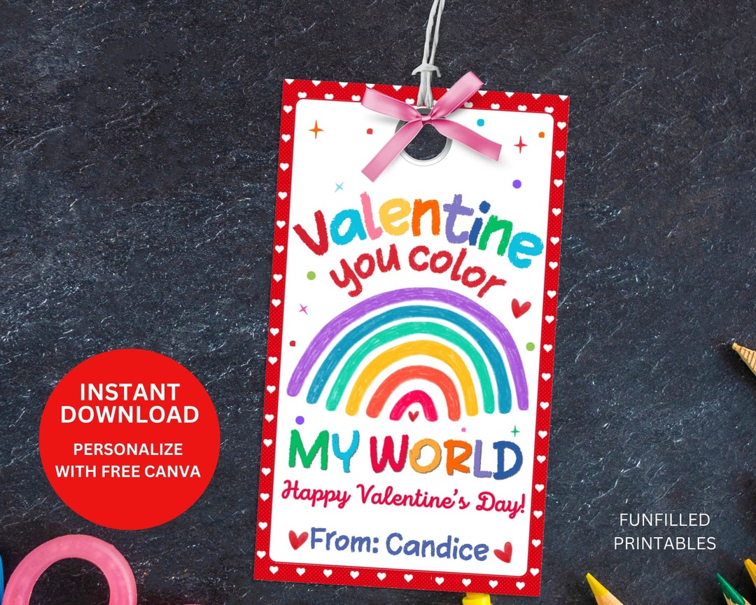 Crayon Valentine Tag, You Color My World Kids Valentine Gift Tag ...