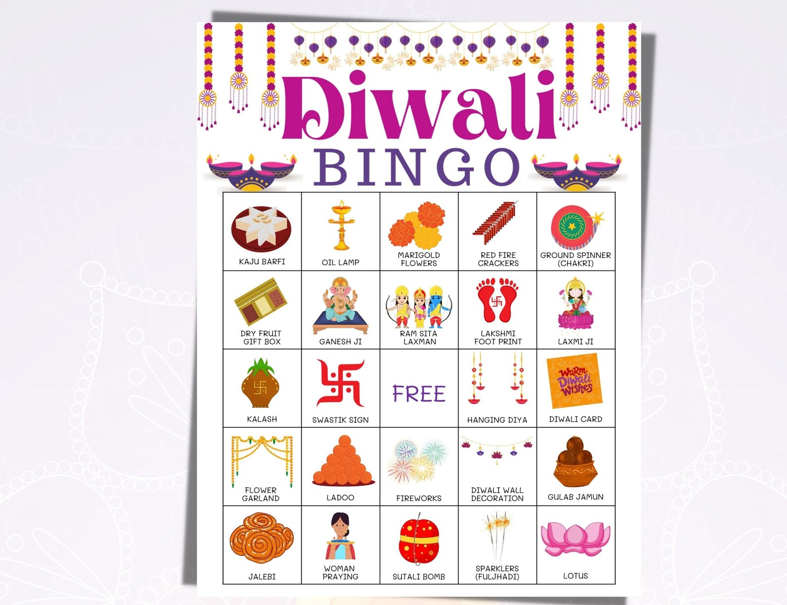 Diwali Game, Diwali Bingo, Diwali Party Games, 30 Diwali Bingo Cards ...