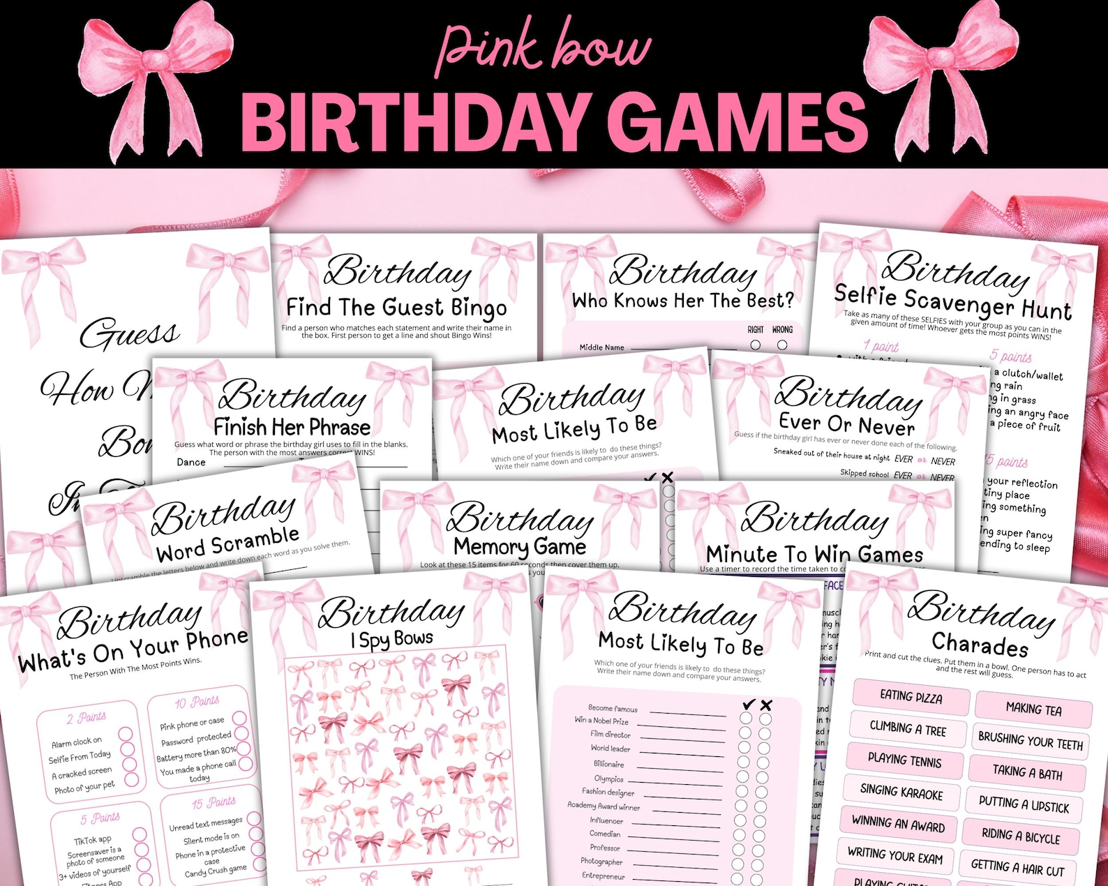 Pink Bow Girls Birthday Party Games, Printable Coquette Birthday Games ...
