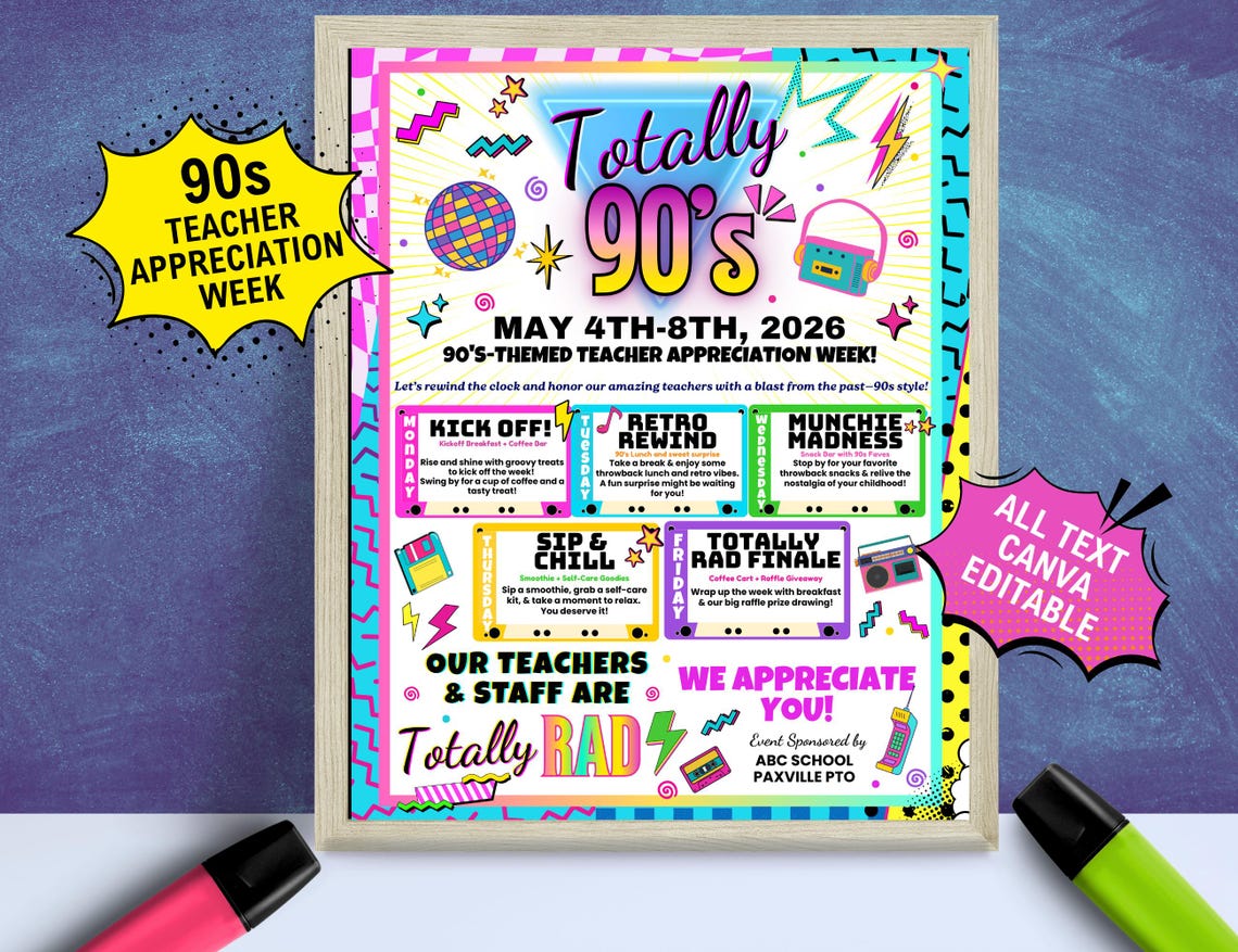 Retro 90s Theme Teacher Appreciation Week Flyer Template Canva Editable ...