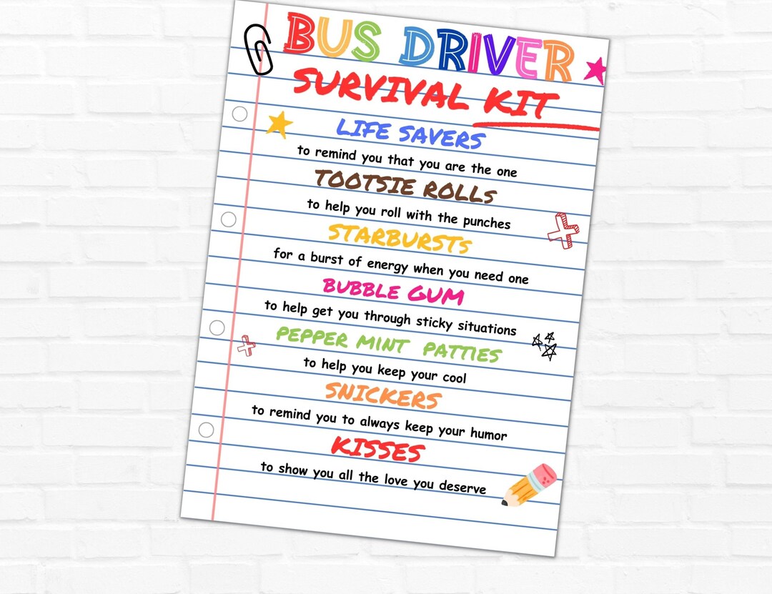 Bus Driver Survival Kit Gift Tag, School Bus Driver Thank You, Bus ...