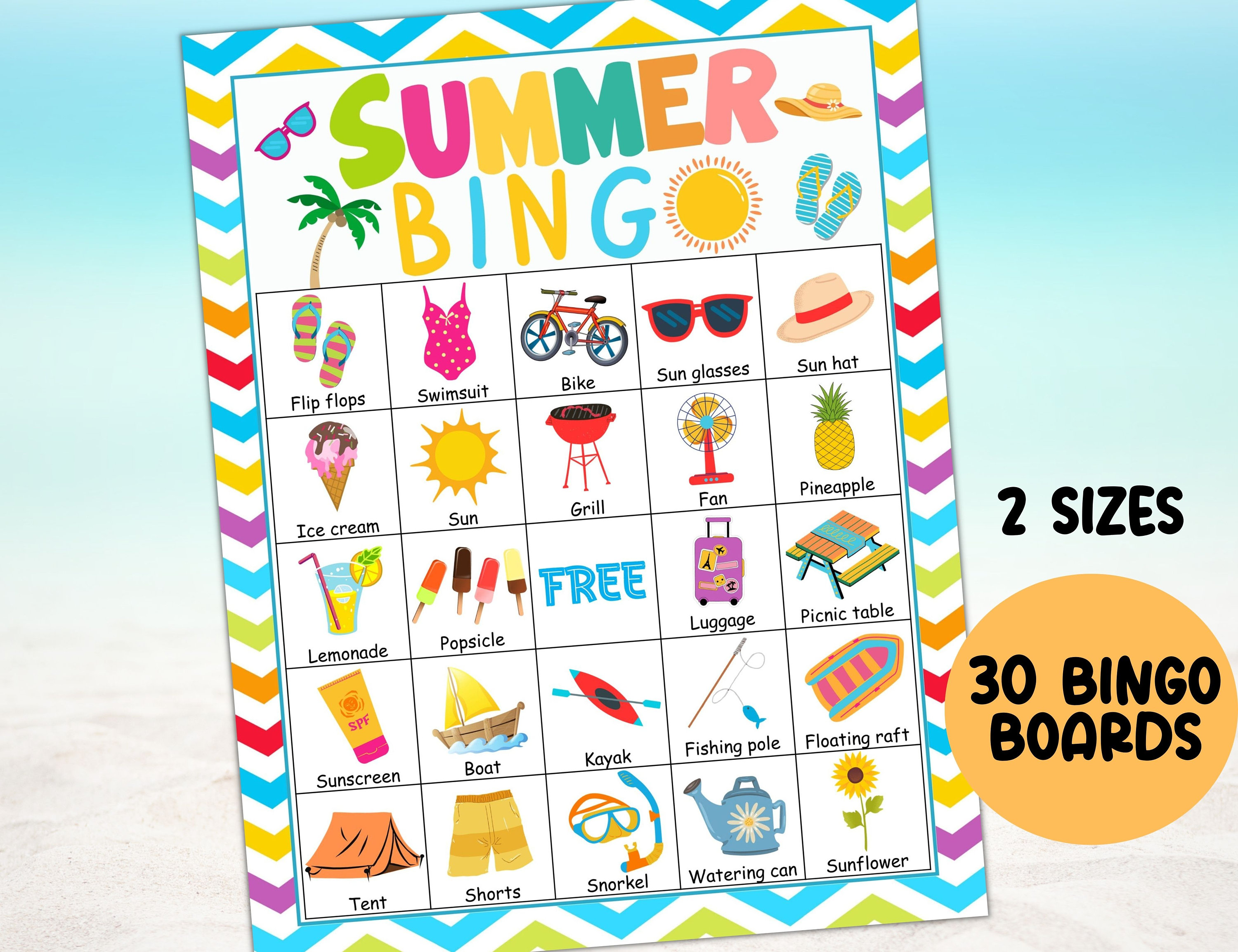 Summer Bingo, 30 Summer Bingo Cards Printable, Fun Summer Games Kids ...