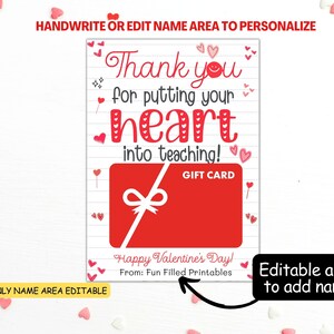 Teacher Valentine Gift Card Holder, Printable Valentines Teacher Gift ...
