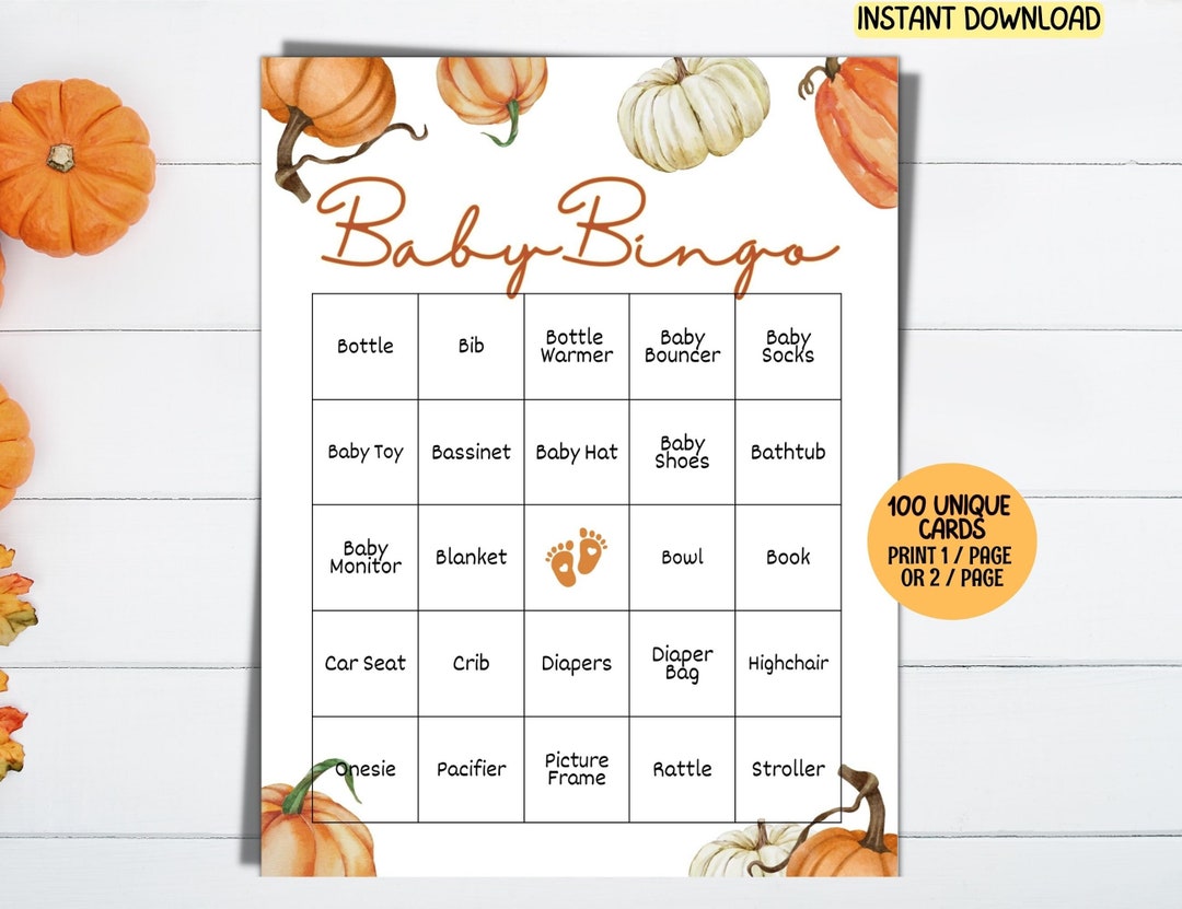 100 Pumpkin Fall Baby Shower Bingo Cards Printable, Autumn Fall Baby ...