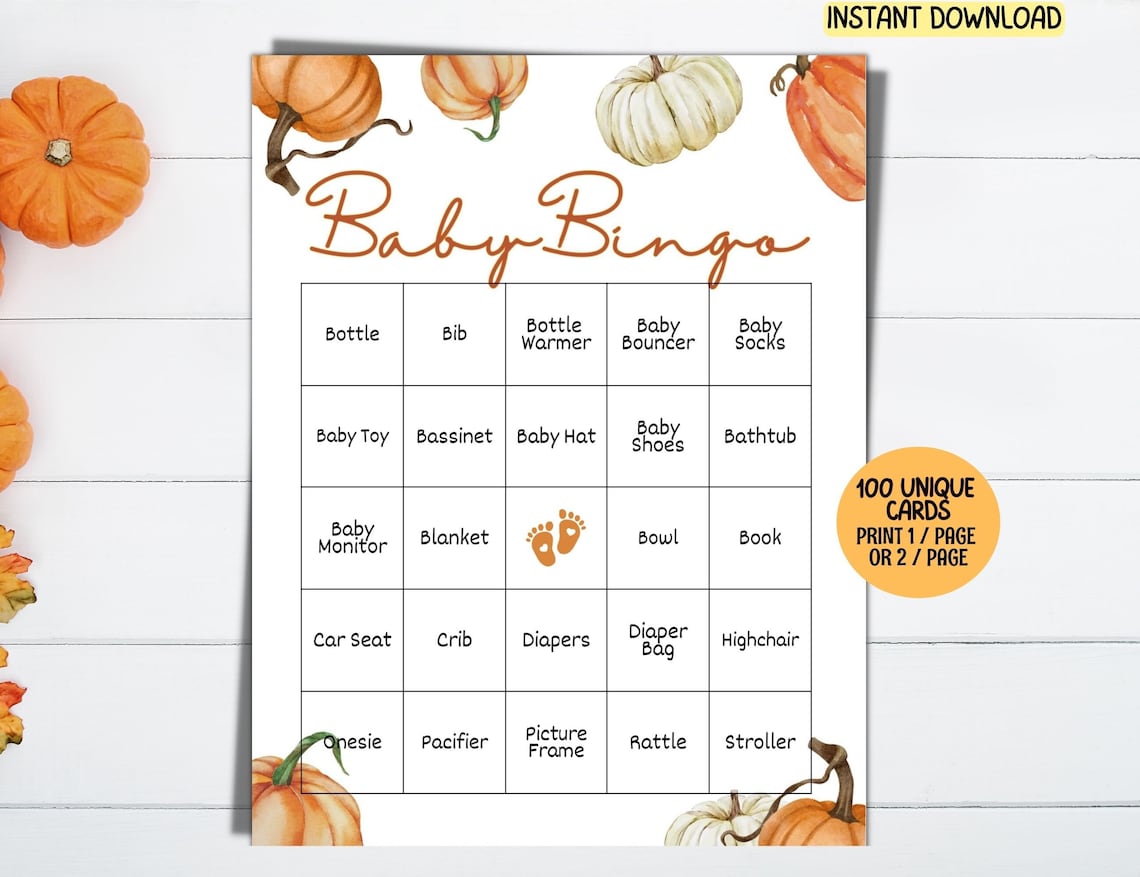 100 Pumpkin Fall Baby Shower Bingo Cards Printable, Autumn Fall Baby ...