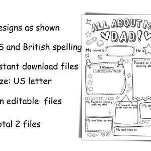 All About My Dad Printable Fathers Day Questionnaire Dad Gift From Kids ...