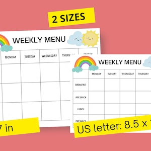 Daycare Menu Template Printable Editable, Weekly Menu for Daycare ...