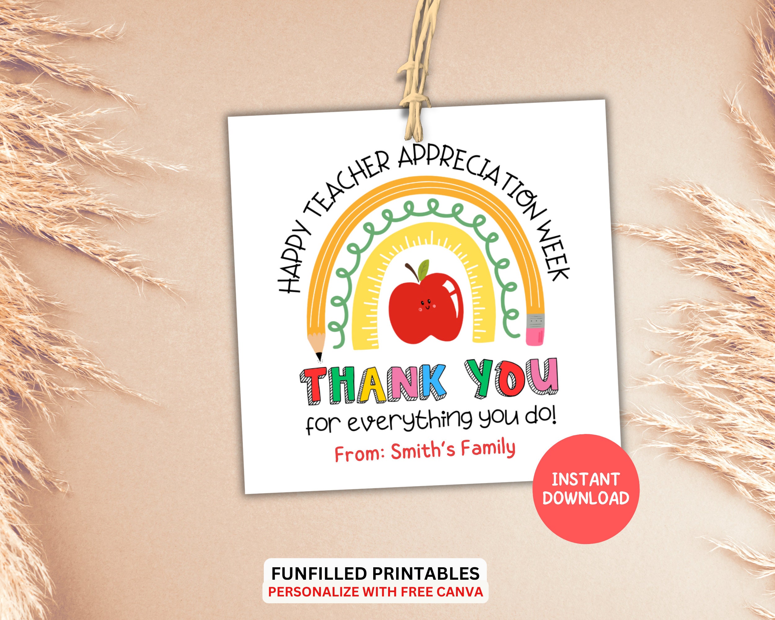 Teacher Appreciation Tags Rainbow Apple Printable Thank You Teacher ...