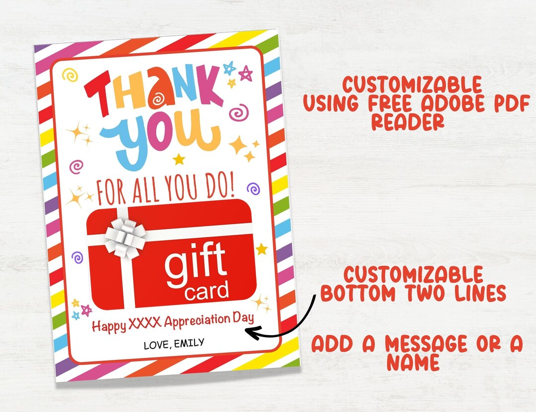 Thank You Gift Card Printable, Teacher Appreciation Gift, Employee ...
