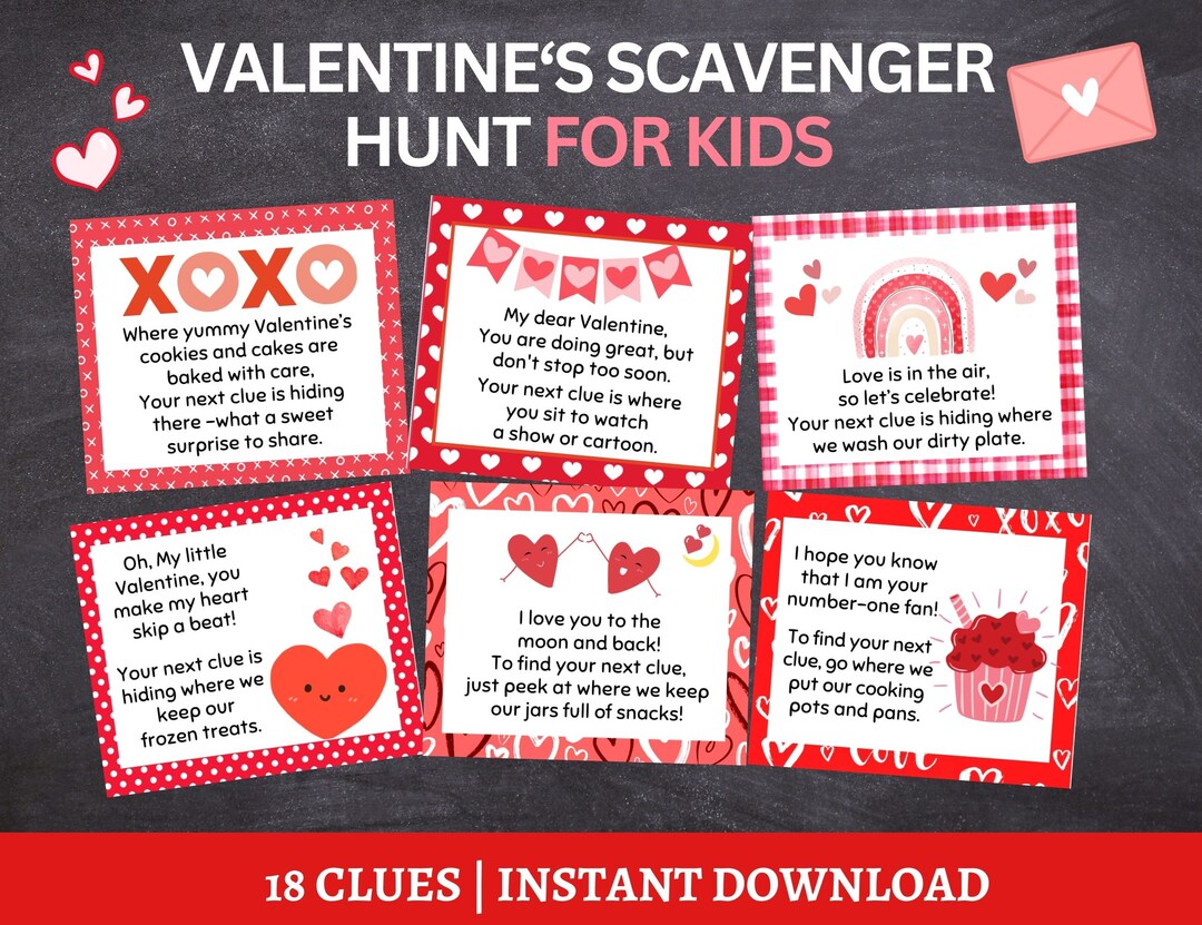 Valentines Scavenger Hunt for Kids, Kids Valentines Day Treasure Hunt ...