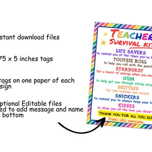 Teacher Survival Kit Tag, Teacher Appreciation Gift Tag, Printable ...