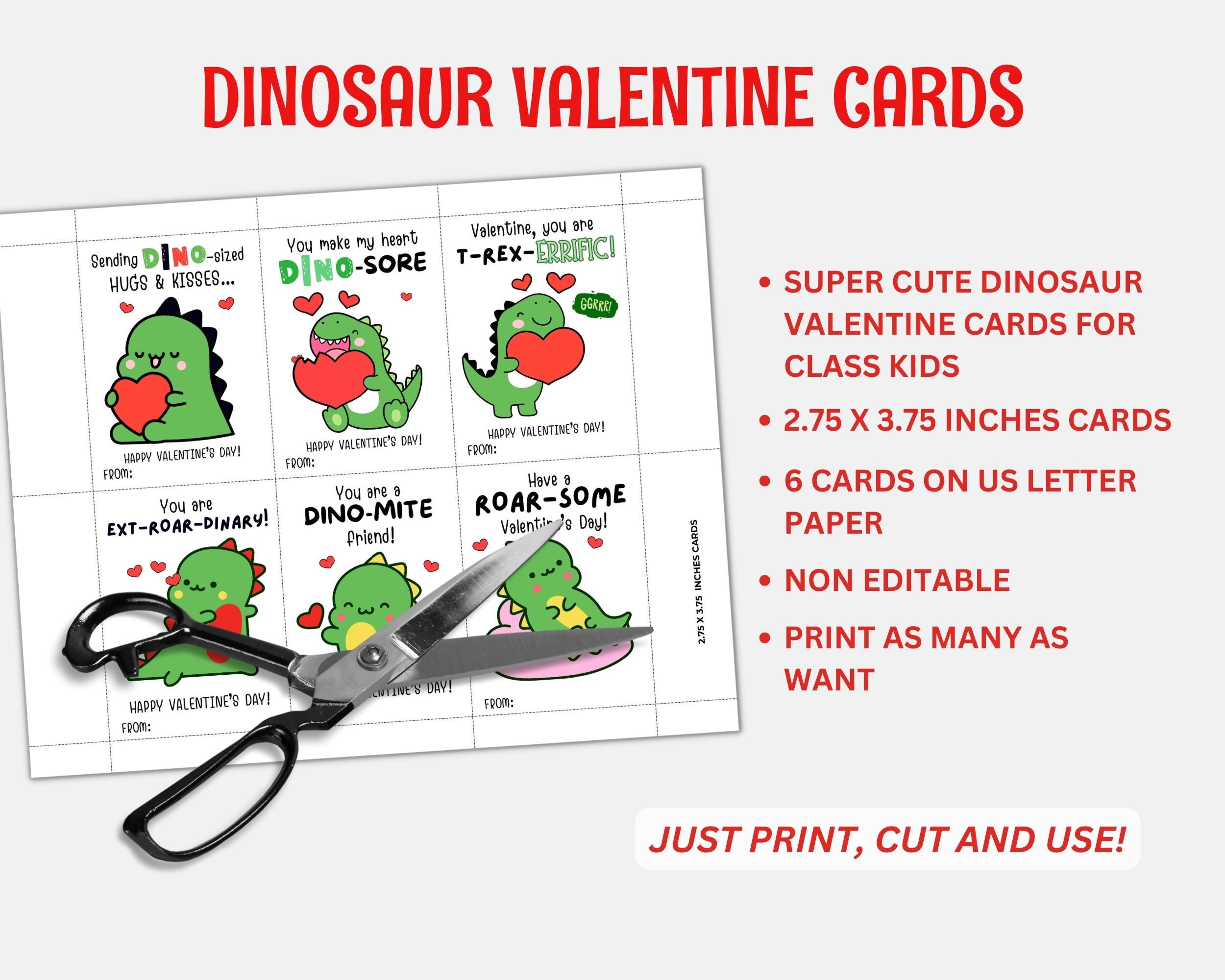 Dinosaur Valentine Cards Boys, Printable Valentine Dinosaur Cards for ...