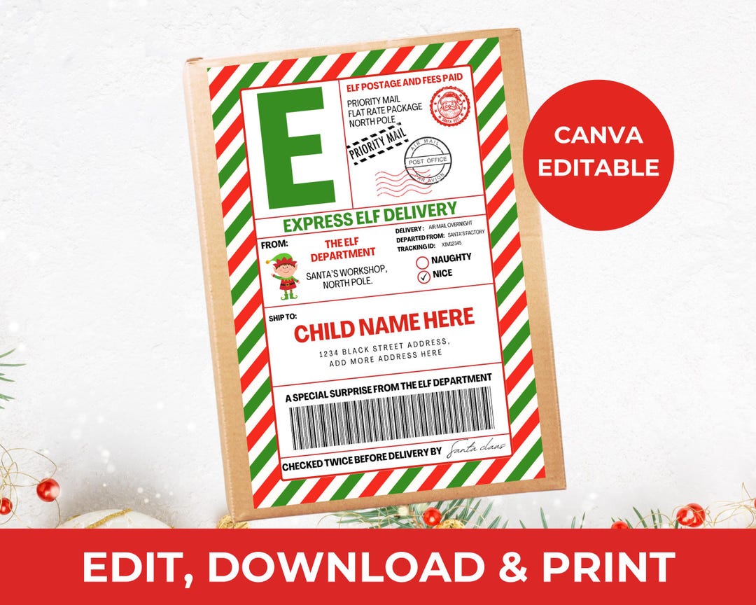 Editable Elf Mail Label, Elf Arrival Box Label, Elf Shipping Label ...
