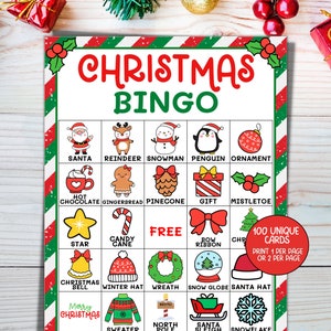 100 Christmas Bingo Cards, Printable Christmas Bingo for Kids, Fun ...
