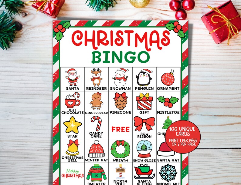 100 Christmas Bingo Cards, Printable Christmas Bingo for Kids, Fun ...