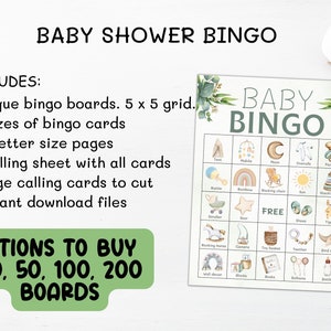 100 Prefilled Baby Shower Bingo Cards, Baby Bingo Greenery, Gender ...