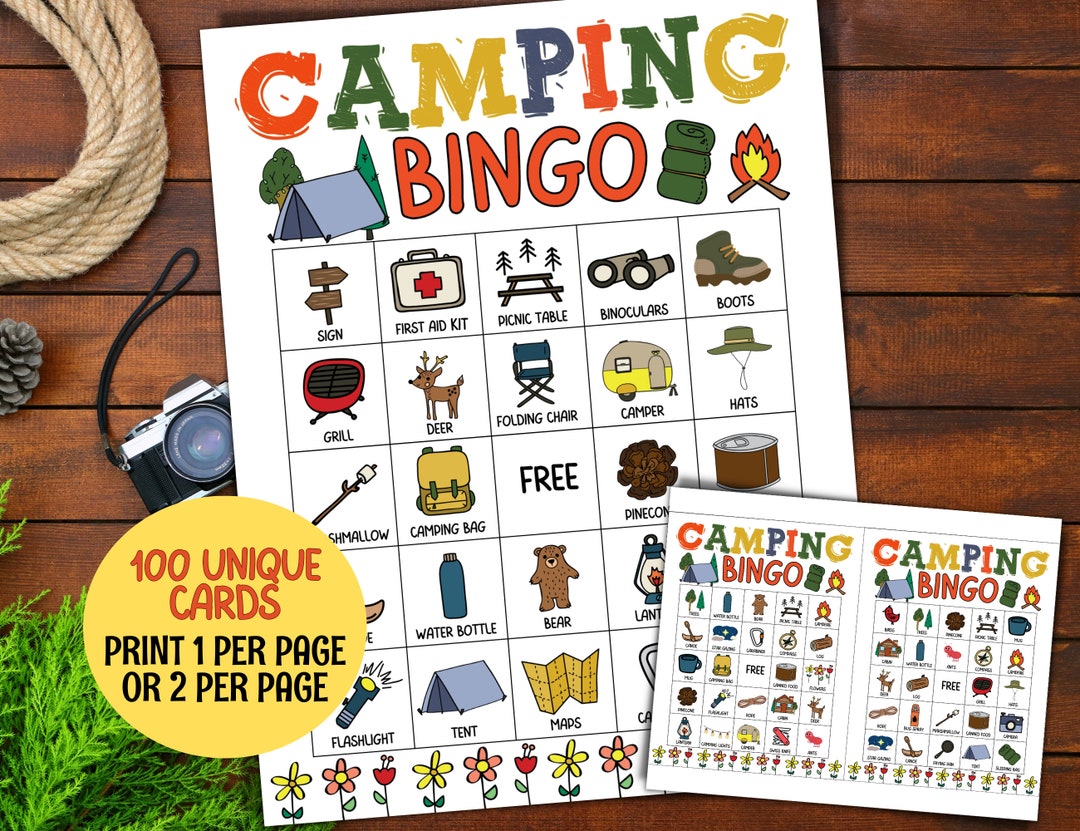 100 Camping Bingo Cards Printable Camping Games, Camping Birthday Party ...