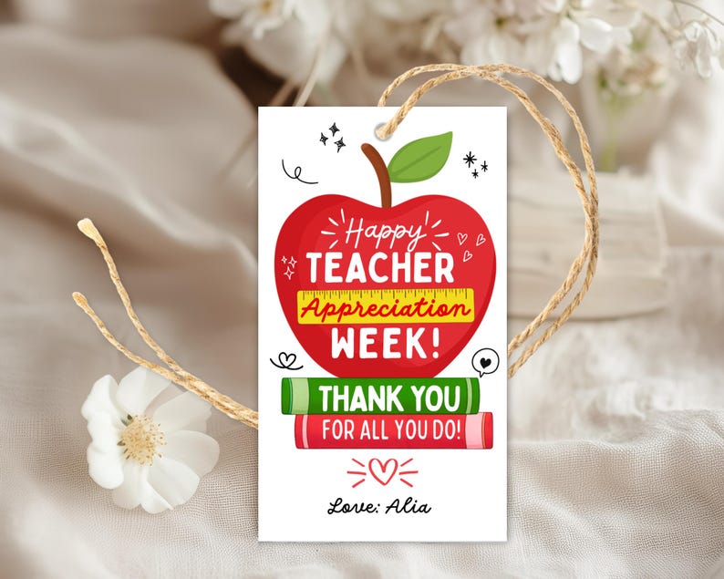 Teacher Appreciation Week Gift Tags, Apple Thank Teacher Tags ...