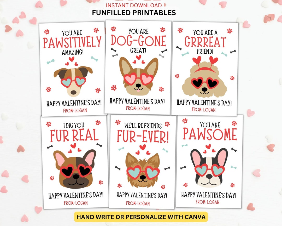 Printable Dog Valentines Day Cards for Kids, Classroom Valentines Gift ...