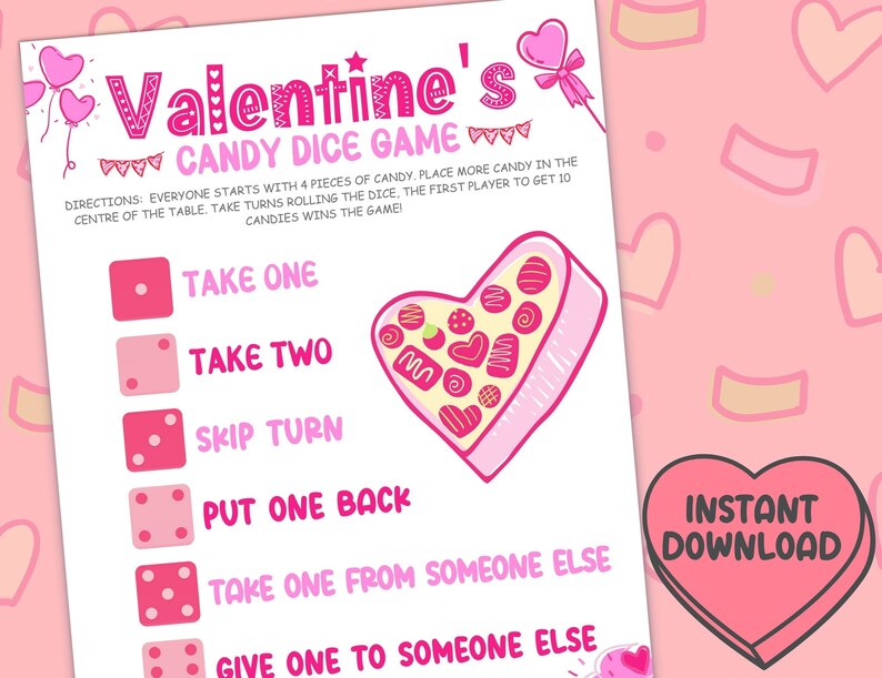 Valentines Day Candy Dice Game Printable Valentine Games for - Etsy