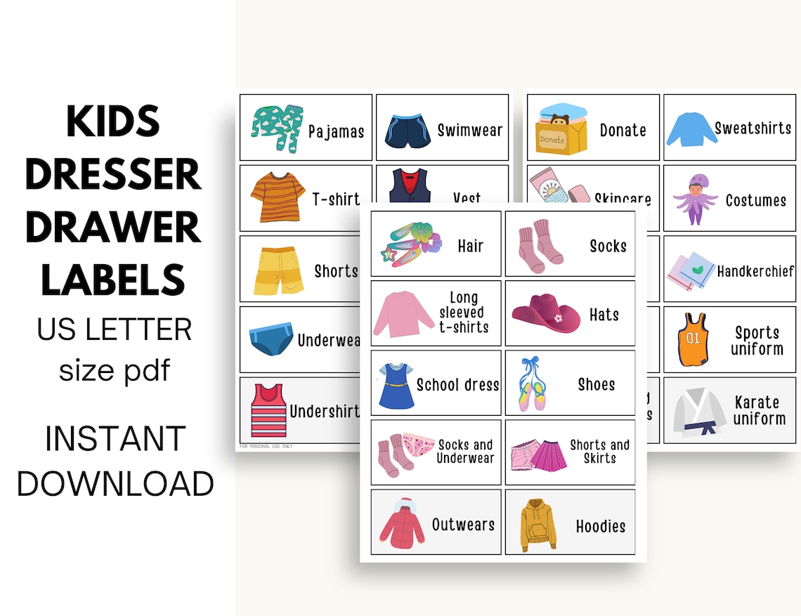 50 Kids Dresser Drawer Labels Printable Kids Closet Storage - Etsy ...