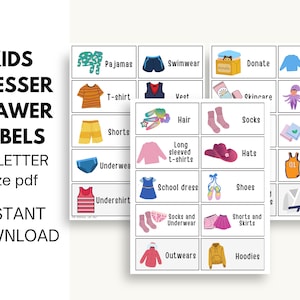 50 Kids Dresser Drawer Labels, Printable Kids Closet Storage Stickers ...