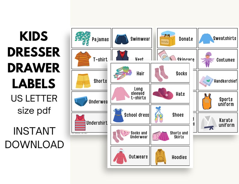 50 Kids Dresser Drawer Labels, Printable Kids Closet Storage Stickers ...