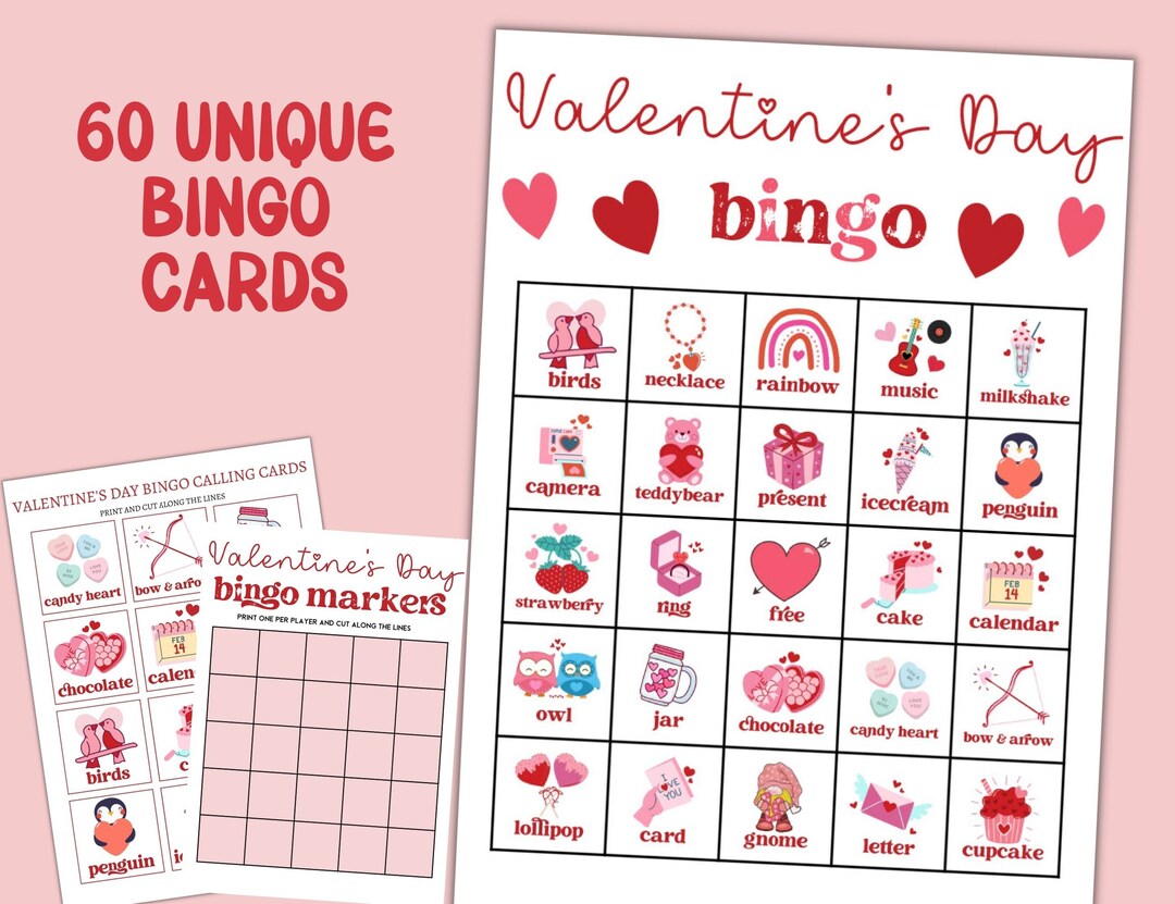 Valentines Day Bingo Game Printable, 60 Valentine Bingo, Kids Valentine ...
