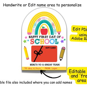 First Day of School Teacher Gift Card Holder Printable, Back to School ...