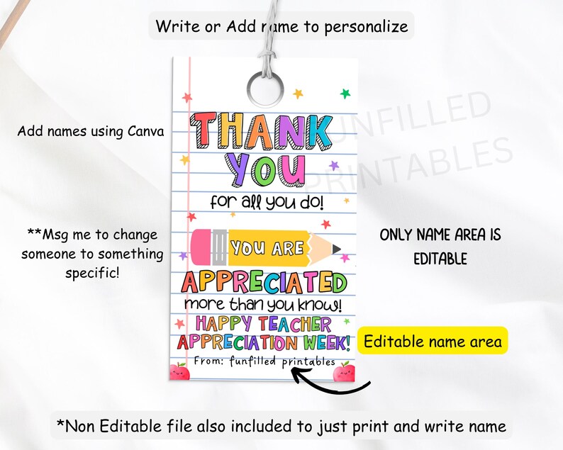 Teacher Appreciation Gift Tags Thank You Teacher Gift Tag School ...