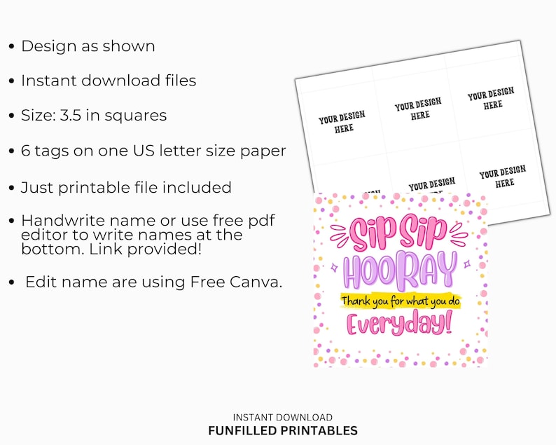 Sip Sip Hooray Appreciation Gift Tag, Sip Sip Hooray Teacher Gift Tag ...