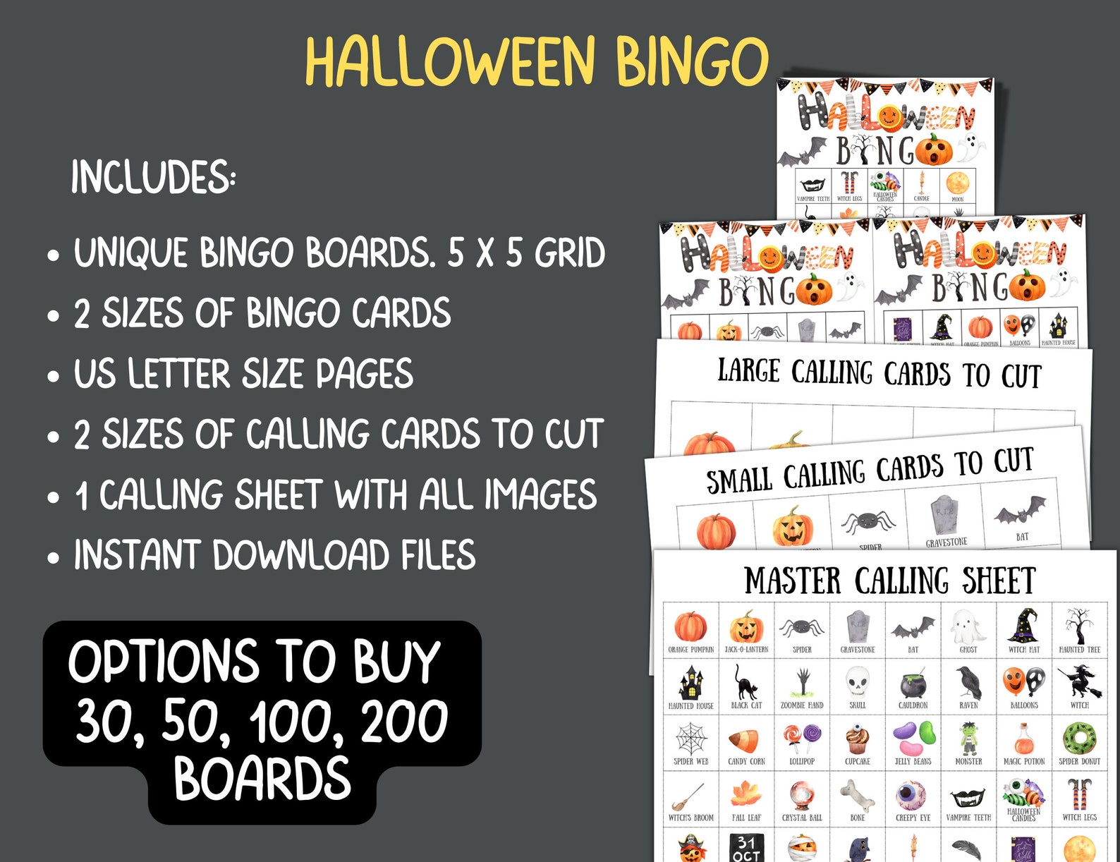 Halloween Bingo Game, Halloween Games for Kids, 20 Printable Halloween ...