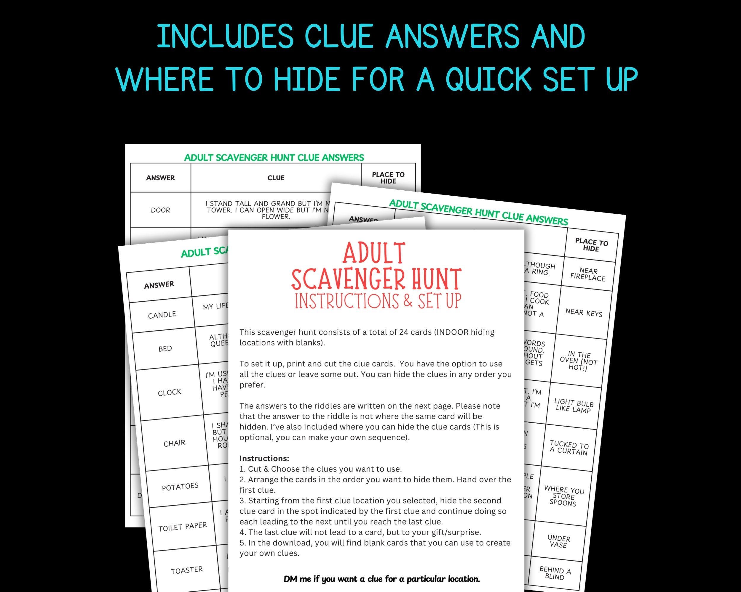 Adult Scavenger Hunt Clues Printable, Tricky Adult Treasure Hunt, Hard ...