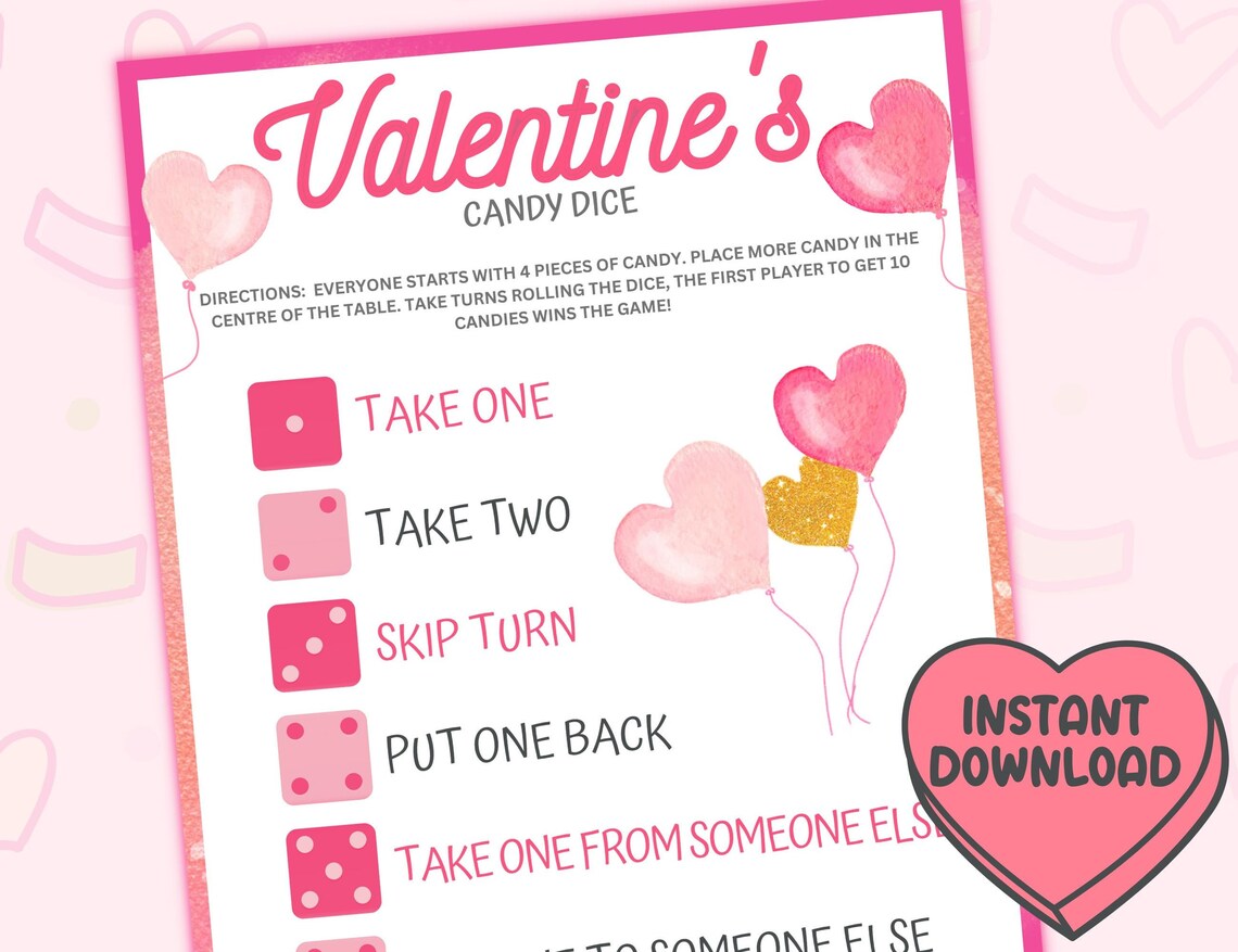 Valentines Day Candy Dice Game, Printable Valentine Games for Kids ...
