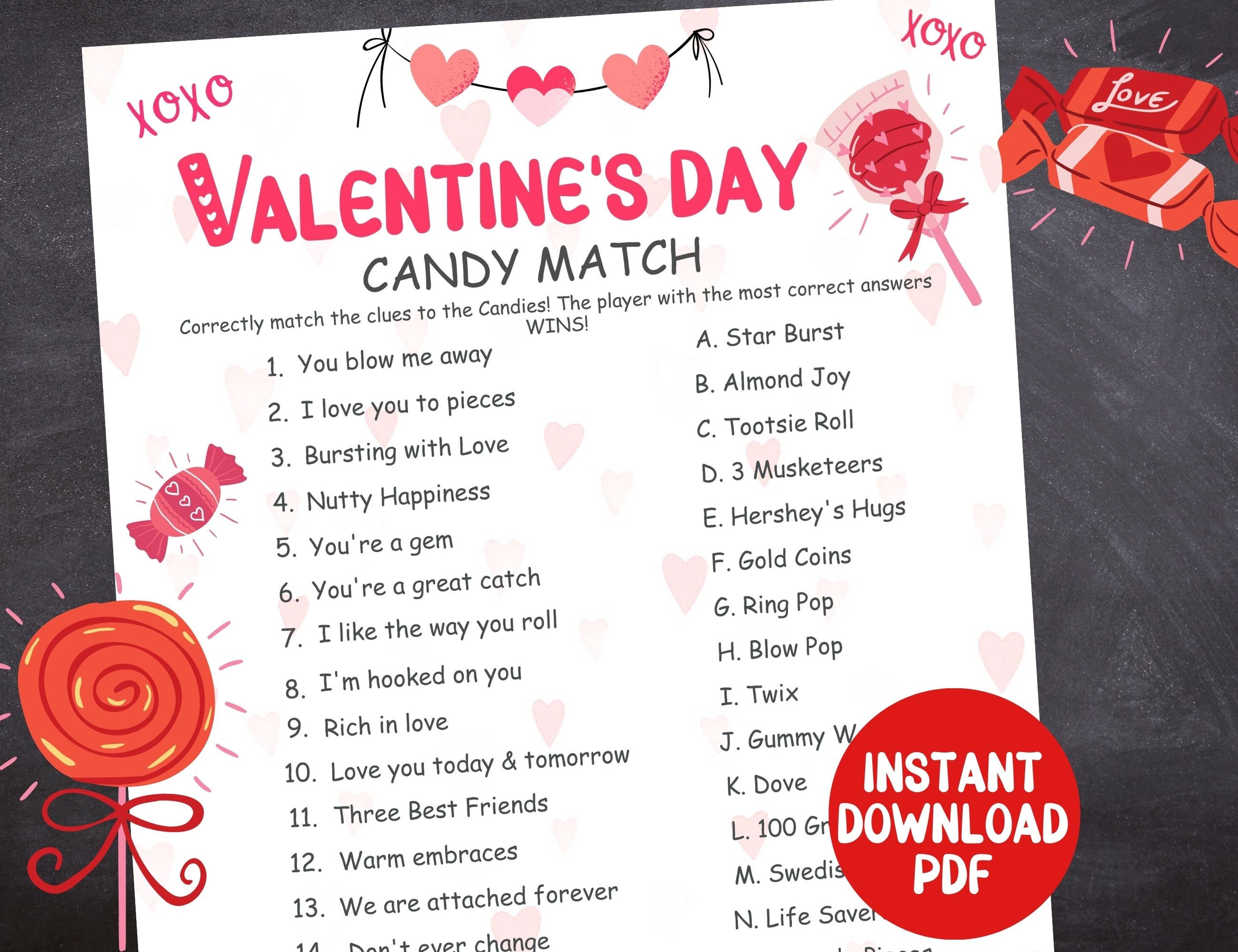 Valentines Day Candy Match Game, Candy Trivia Game, Printable ...