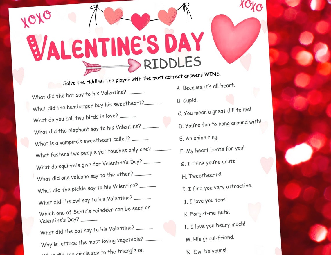 Valentine Riddles Game, Printable Valentines Party Game, Kids Valentine ...