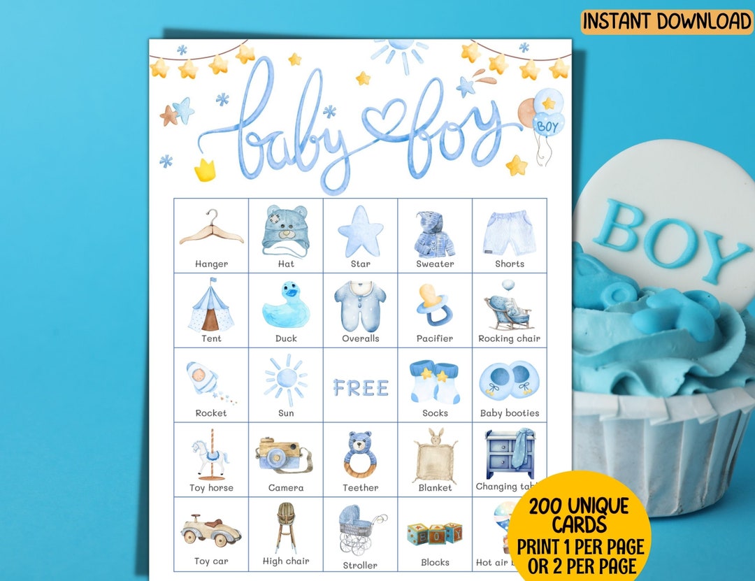 200 tarjetas de bingo para bebé niño, juegos para baby shower de niño ...