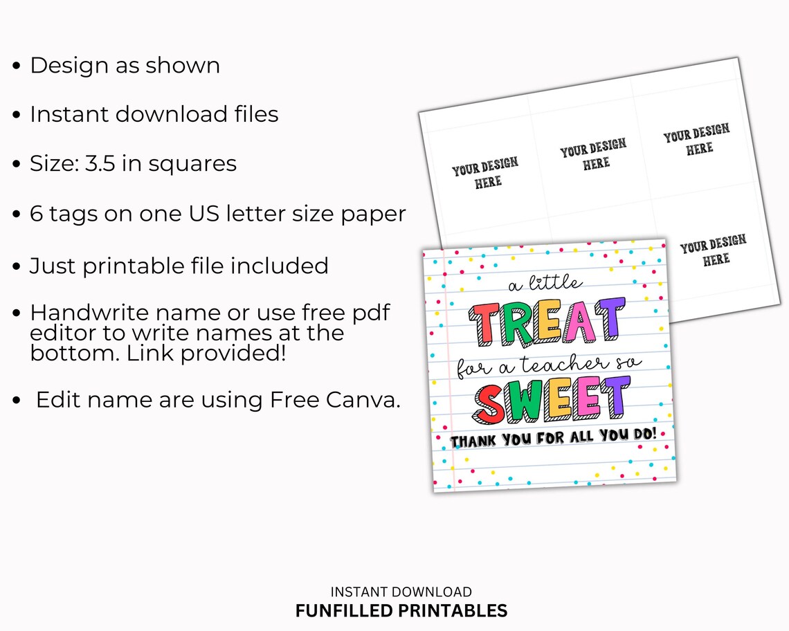Teacher Appreciation Treat Tag, Sweet Teacher Gift Tag, Sweet Treat ...