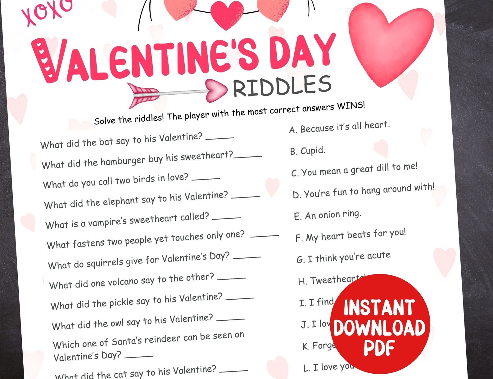 Valentine Riddles Game, Printable Valentines Party Game, Kids Valentine ...