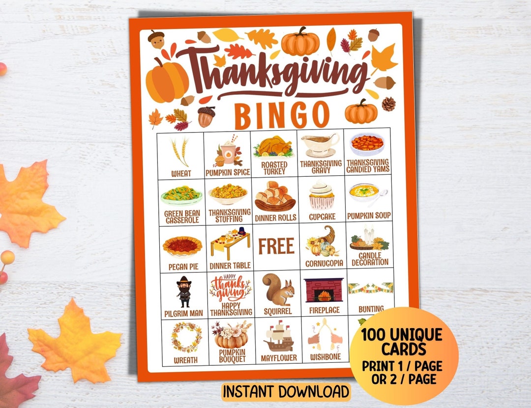 100 Thanksgiving Bingo Cards, Printable Thanksgiving Games for Kids ...
