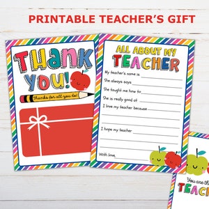 Thank You Teacher Appreciation Gift Printable, All About My Teacher ...