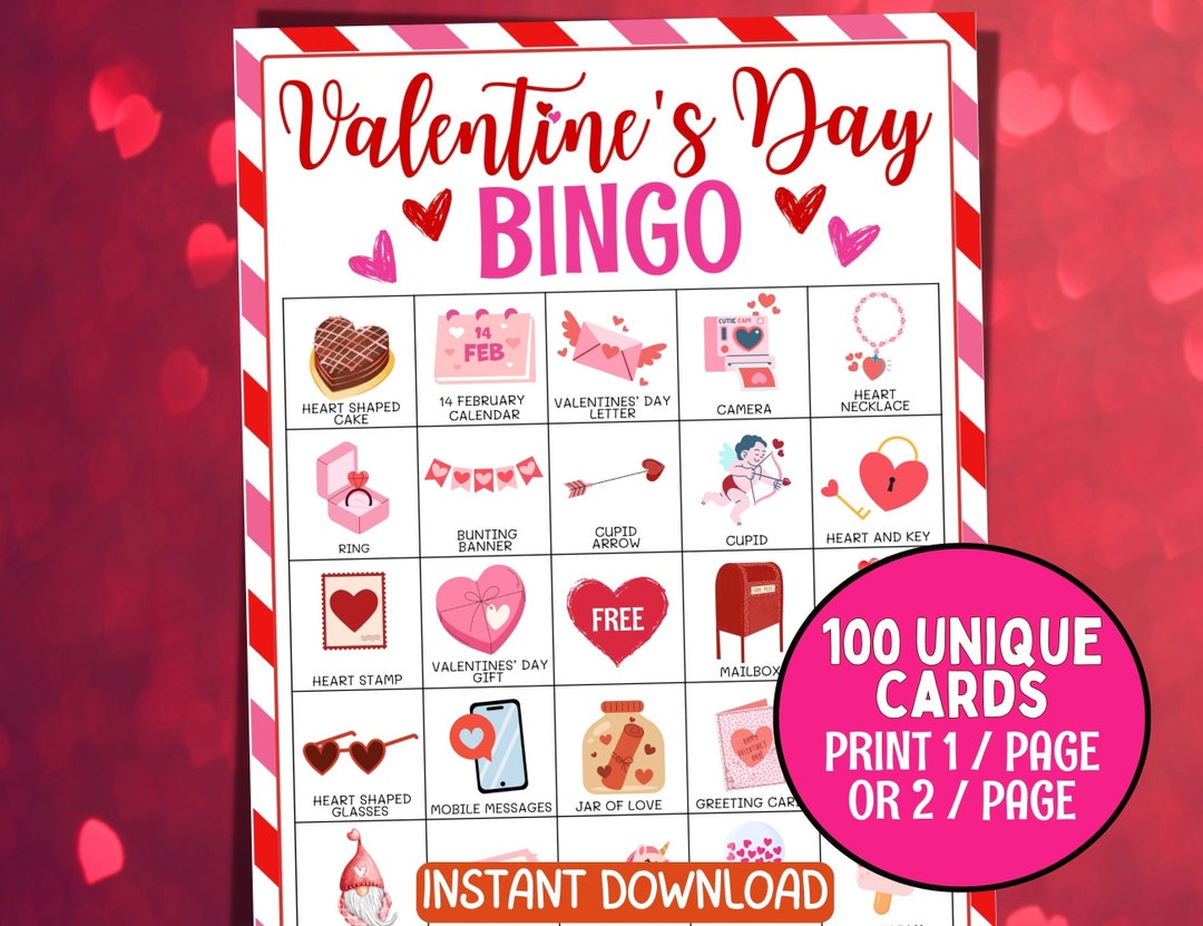 100 Valentines Bingo Cards, Printable Valentines Day Game for Kids ...
