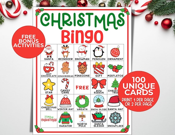 100 Christmas Bingo Cards, Printable Christmas Bingo Game for Kids