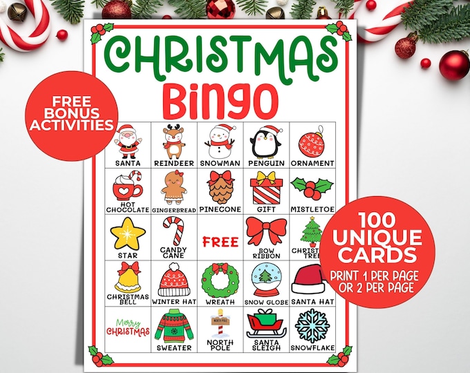 100 Christmas Bingo Cards, Printable Christmas Bingo Game for Kids ...