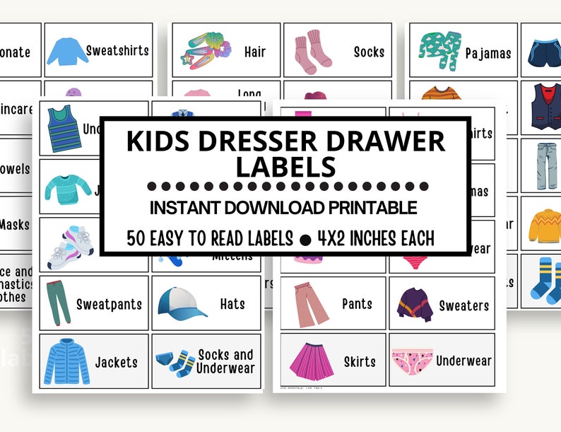 50 Kids Dresser Drawer Labels Printable Kids Closet Storage - Etsy
