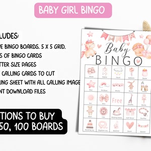 Girl Baby Bingo, Baby Girl Shower Bingo Game, 100 Prefilled Bingo Cards ...