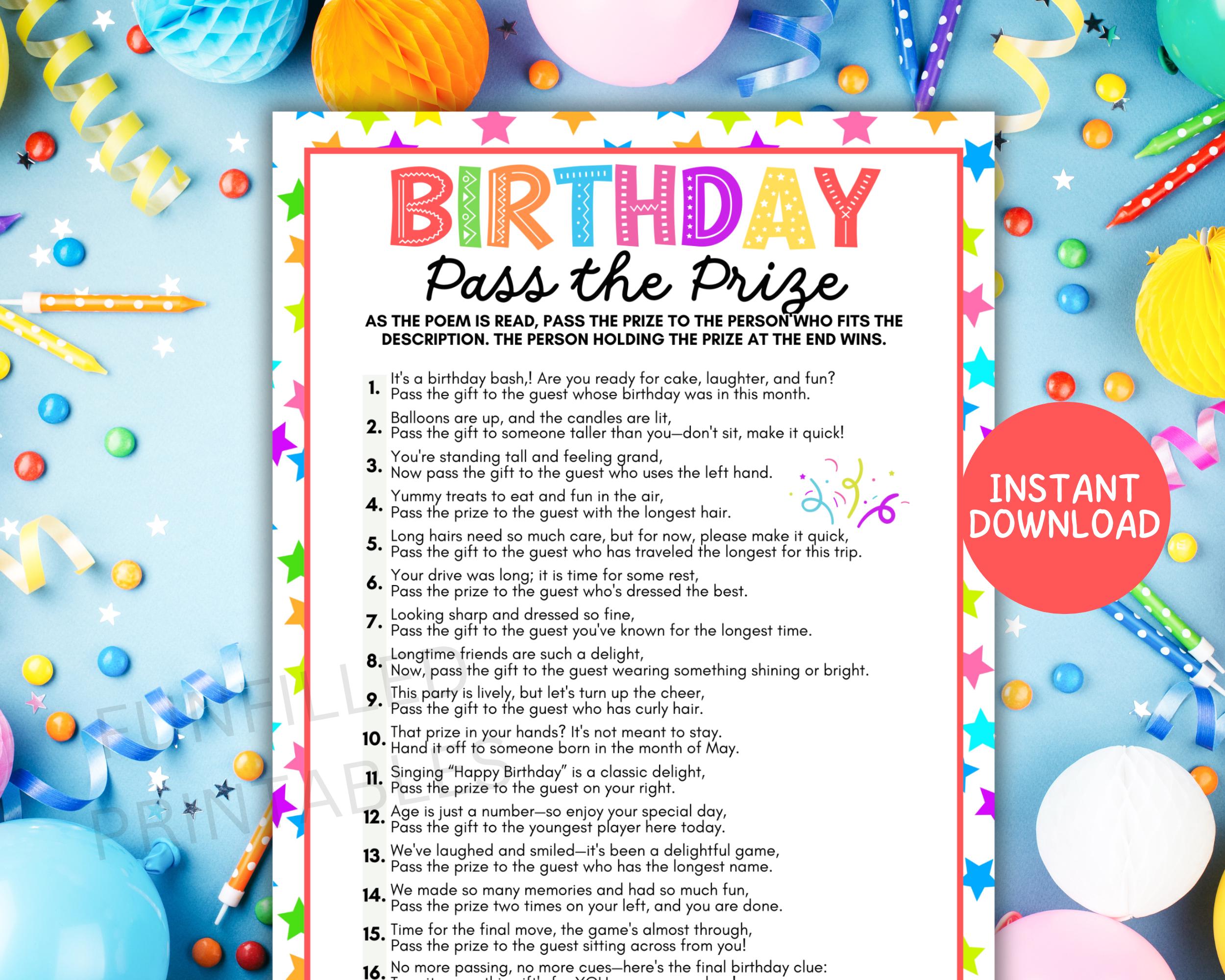 Birthday Pass the Gift Game, Printable Pass the Prize Birthday Game ...
