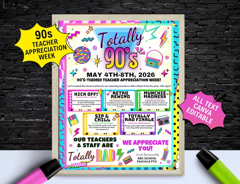 Retro 90s Theme Teacher Appreciation Week Flyer Template Canva Editable ...