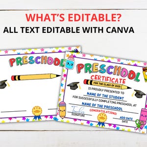Preschool Graduation Certificate Editable, Printable Preschool ...