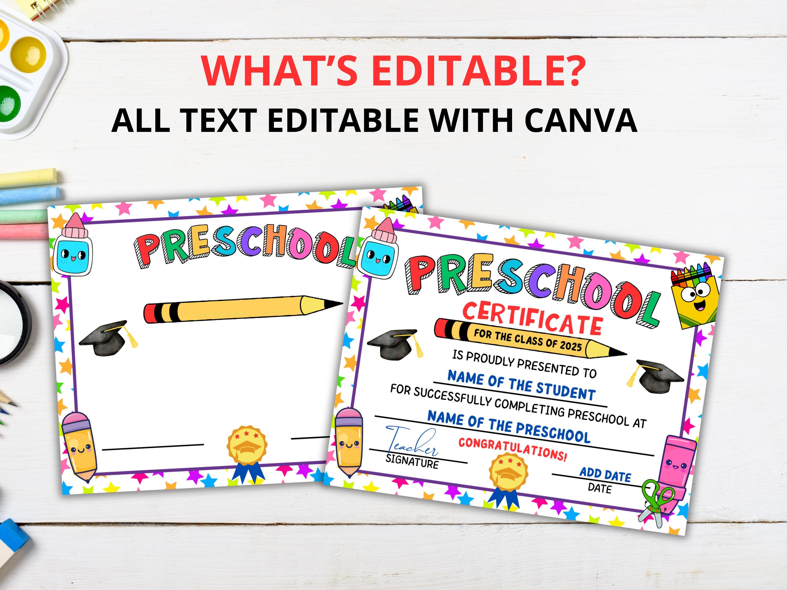 Preschool Graduation Certificate Editable, Printable Preschool ...